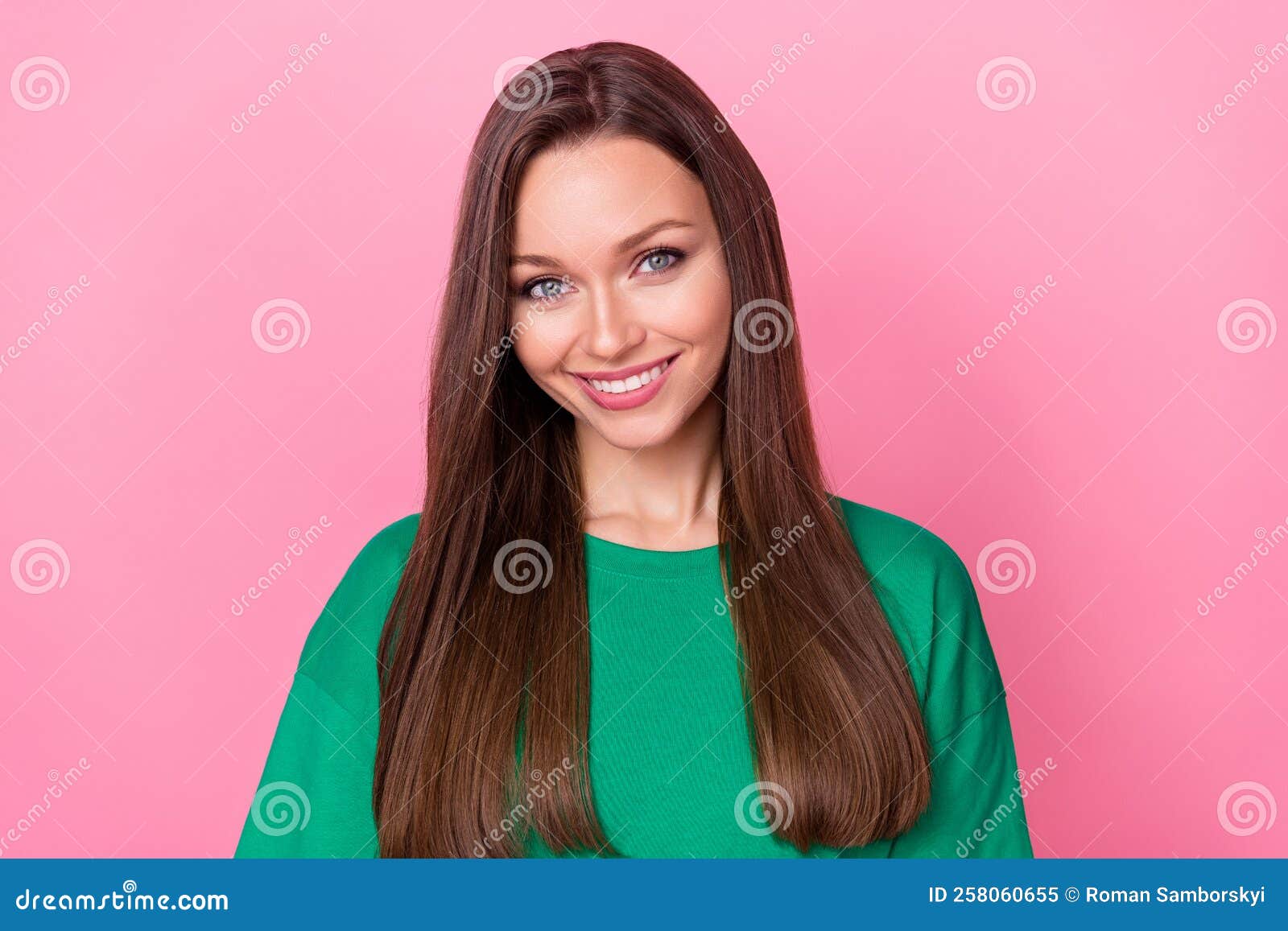 Portrait Of Stunning Satisfied Lady Beaming Smile Nice Long Hairdo