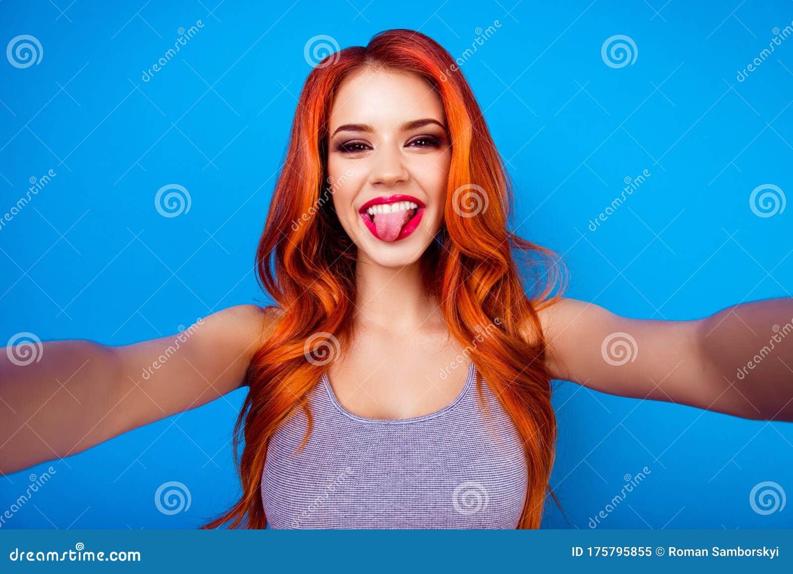 Portrait Of Stylish Funny Happy Carefree Girl With Ginger Hair Cute