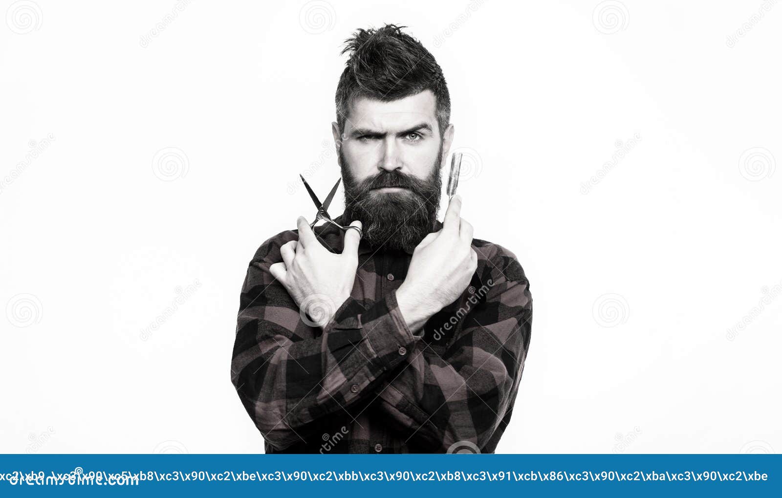 Portrait of Stylish Man Beard. Barber Scissors and Straight Razor ... Portrait of Stylish Man Beard. Barber Scissors and Straight Razor ...