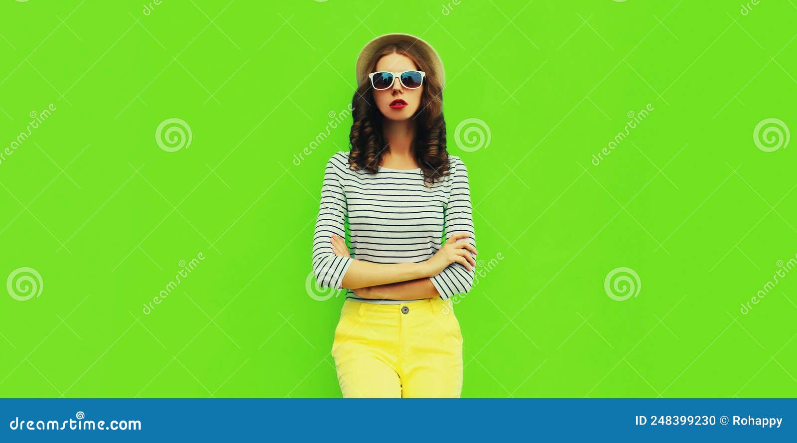 Portrait Of Stylish Young Woman Model Posing Wearing Striped T Shirt