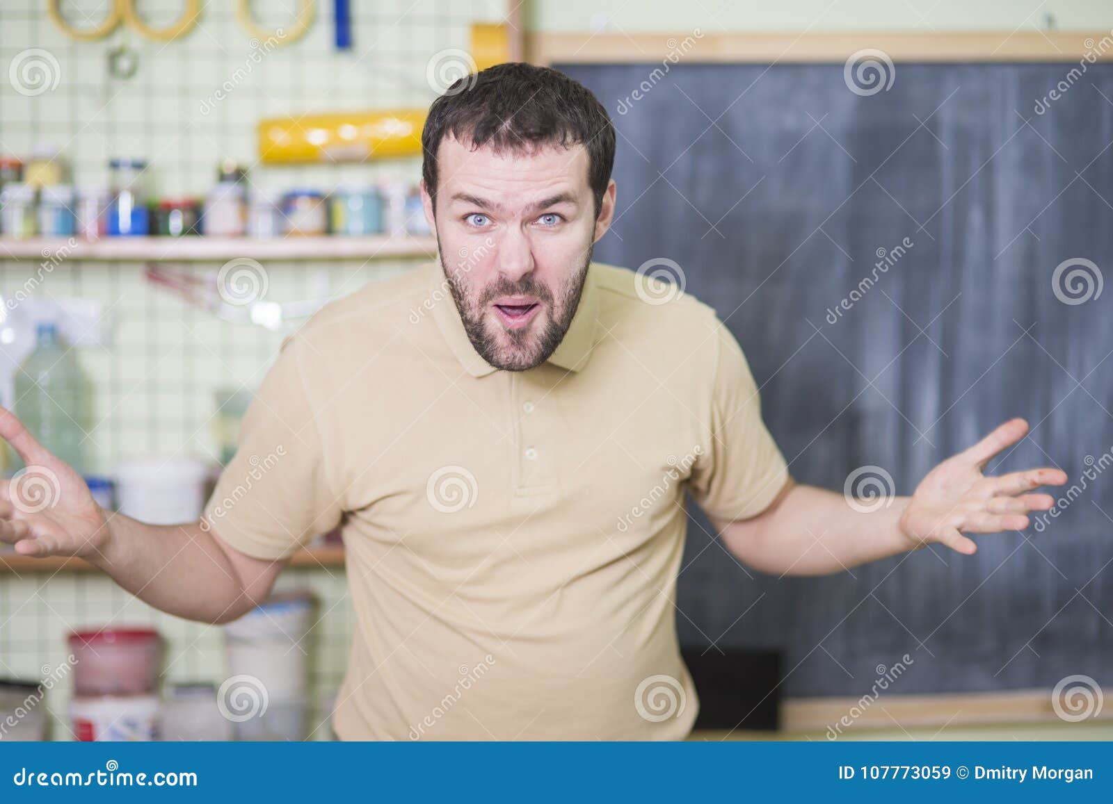 Portrait of Surprised and Exclaiming Caucasian Man Inside of Workshop ...