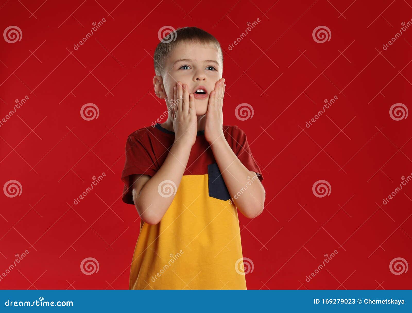 Portrait of Surprised Little Boy on Red Stock Image - Image of ...