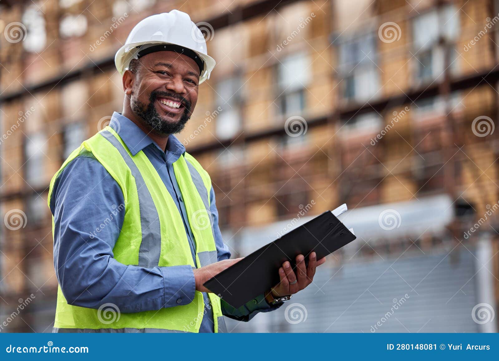 Portrait, Tablet and a Black Man Construction on a Building Site for ...