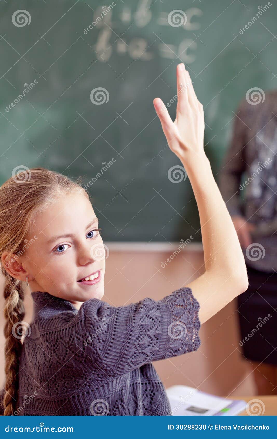 Portrait of Schoolgirl Raising Hand Stock Photo - Image of teaching ...