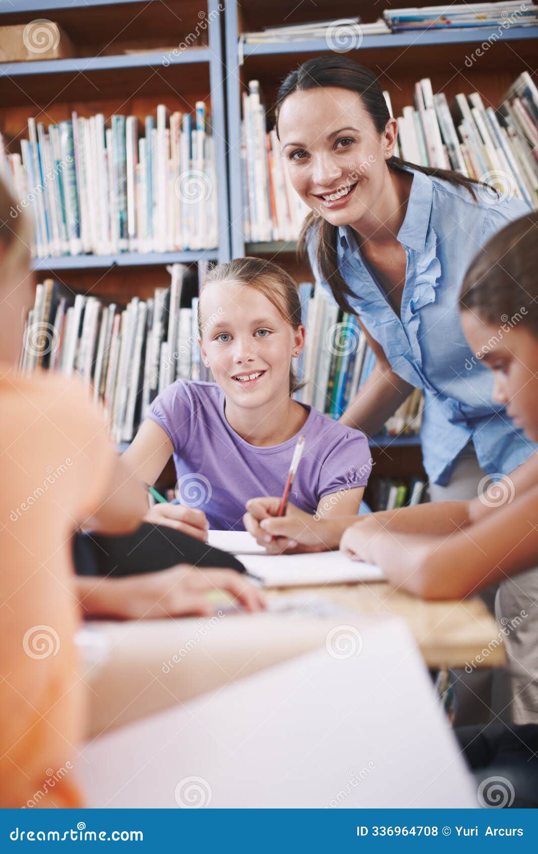 Portrait, Teacher and Student with Questions in a Classroom or Library ...