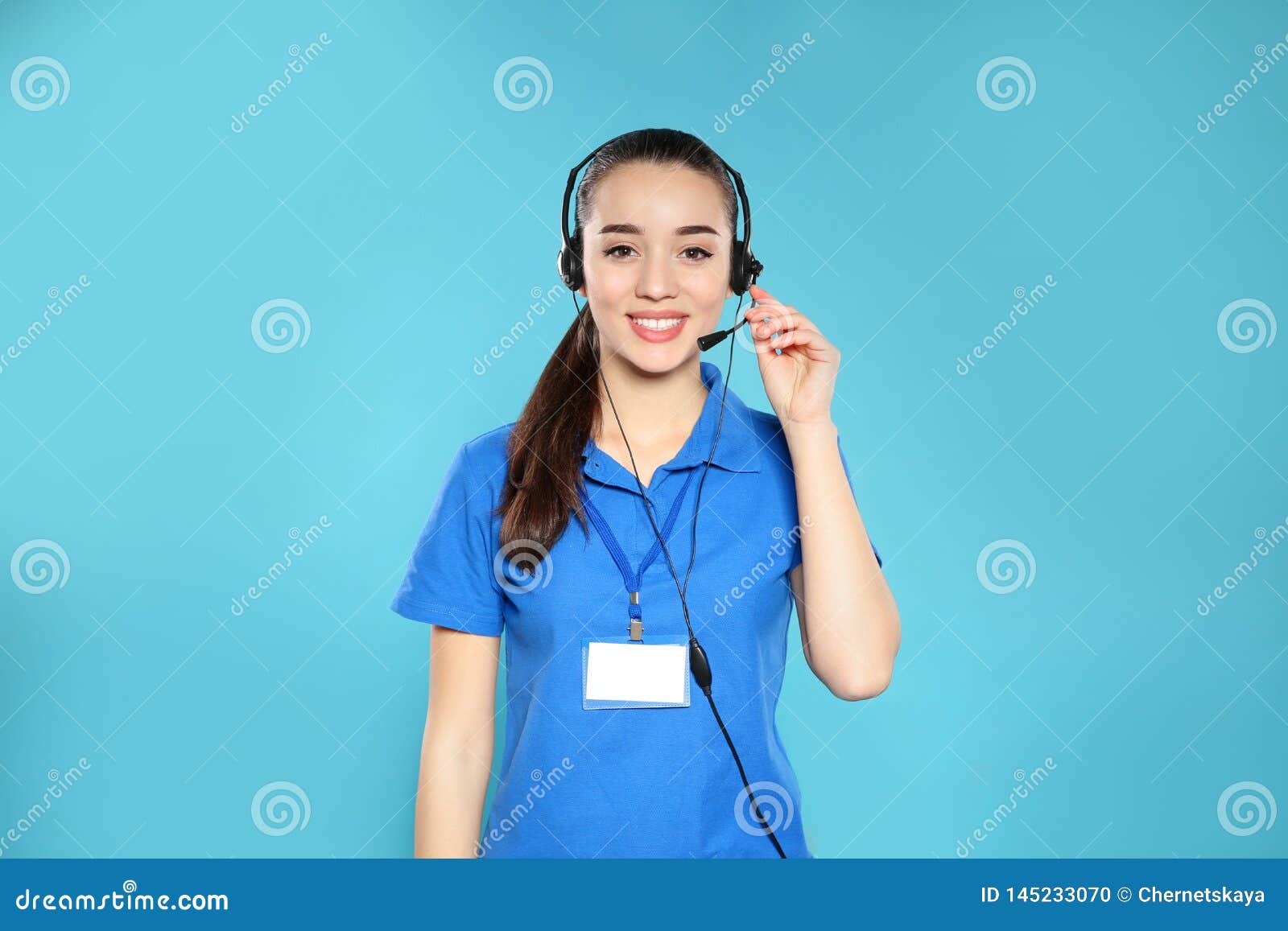 Portrait of Technical Support Operator with Headset on Color Stock ...