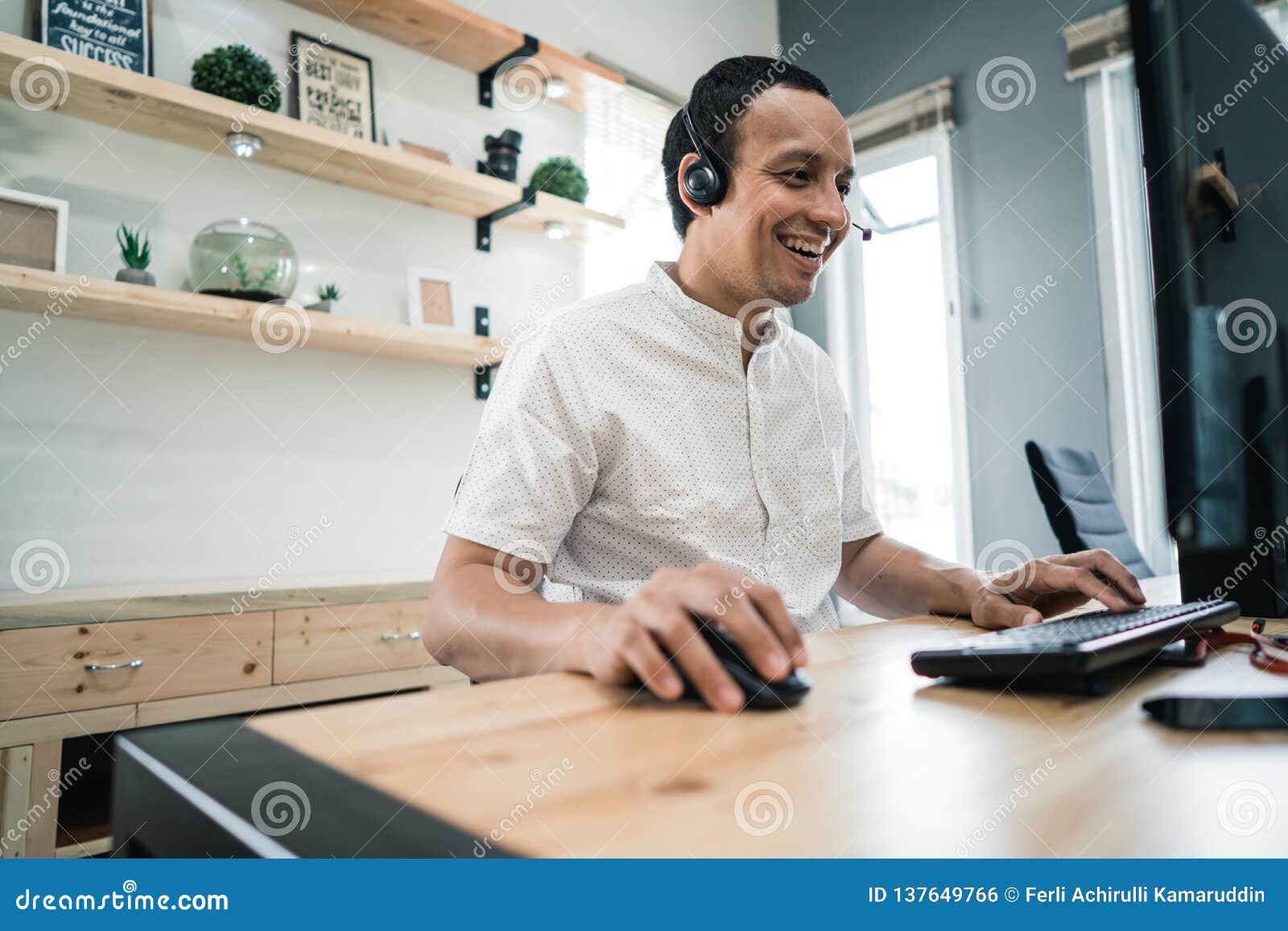 Portrait of Telecommunication Worker Happy when Do the Work Stock Photo ...