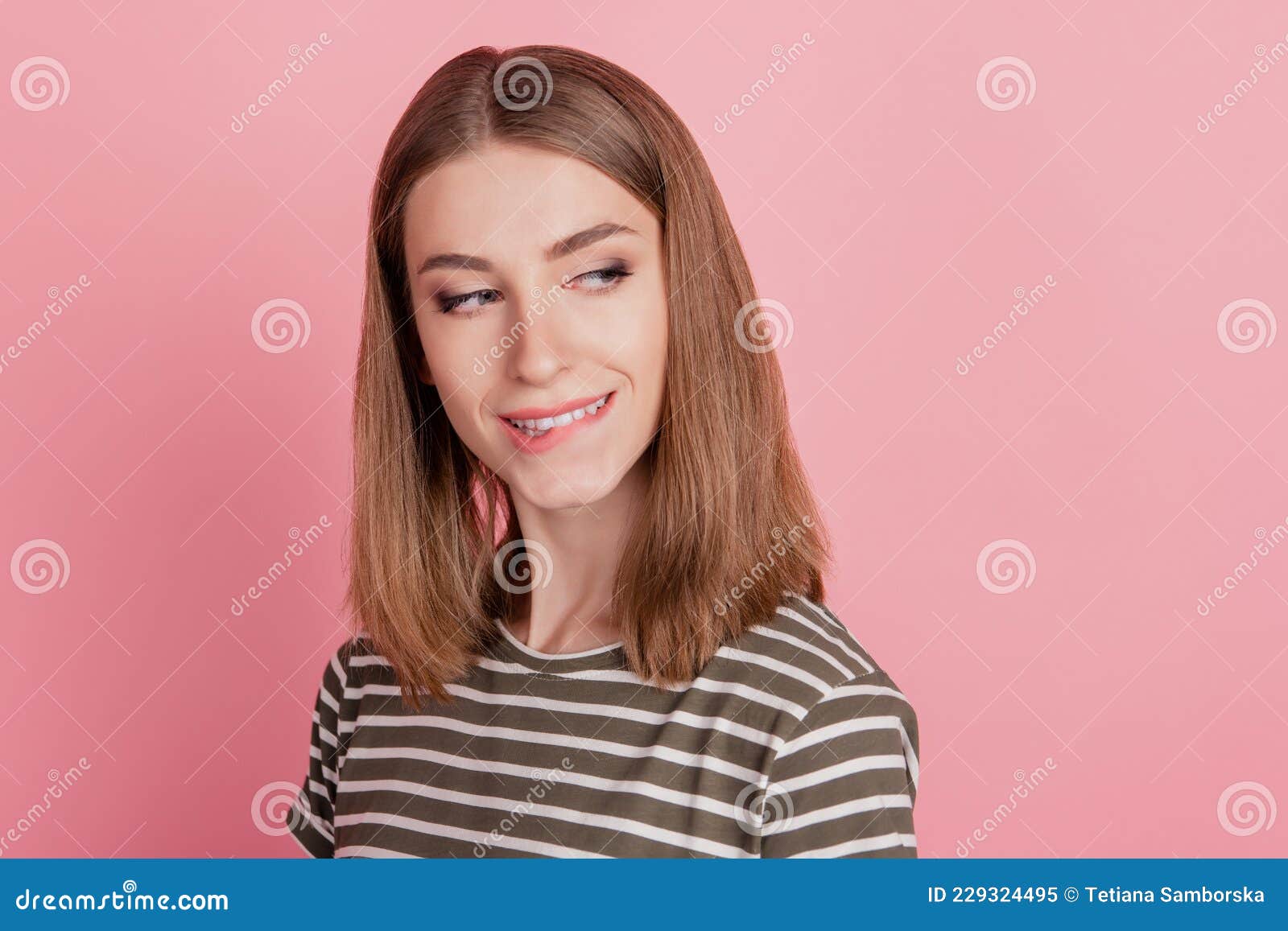 Portrait Of Tempting Coquettish Lady Bite Lip Look Blank Space On Pink Background Stock Image
