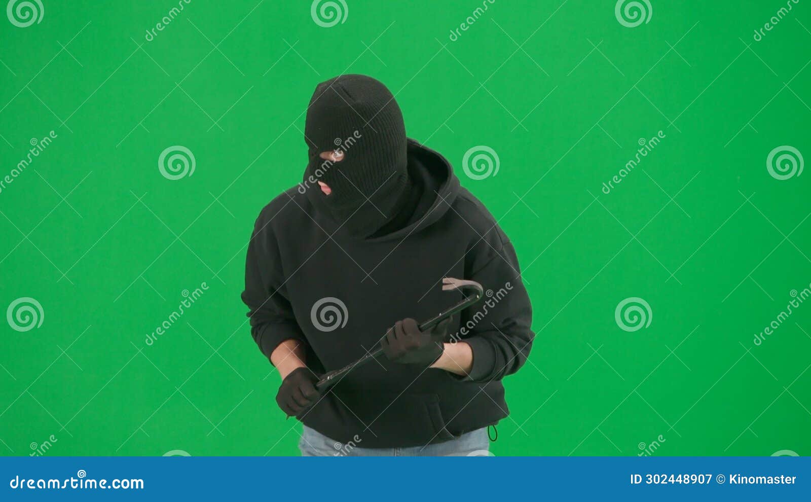 Portrait Of Thief On Chroma Key Green Screen Background Man Robber In