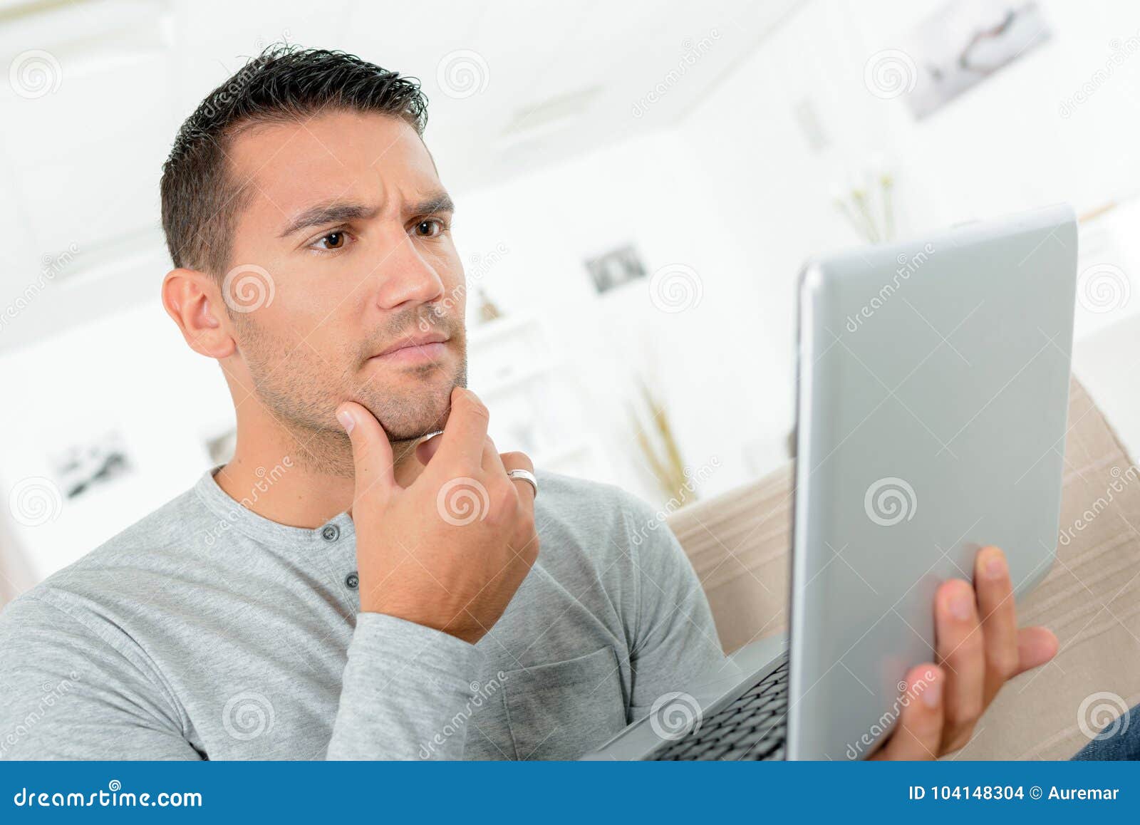Portrait Thinking Man Using Laptop Computer at Home Stock Photo - Image ...
