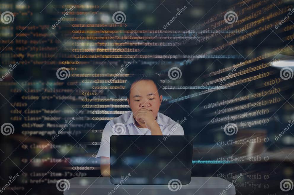 Portrait of Thinking Man Using Laptop Computer. Thinking Web Developer ...