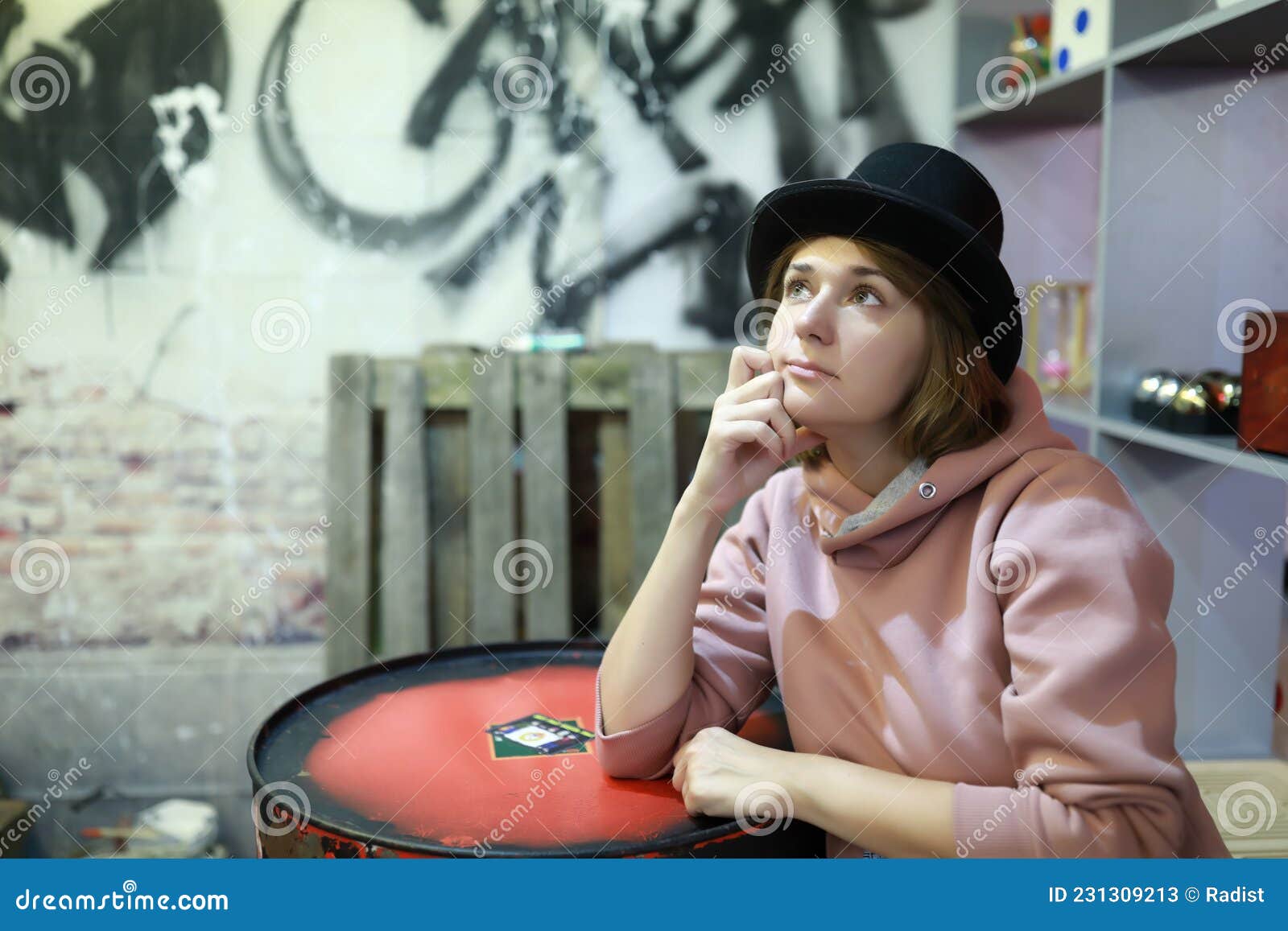 Thinking woman in top hat stock image. Image of portrait - 231309213