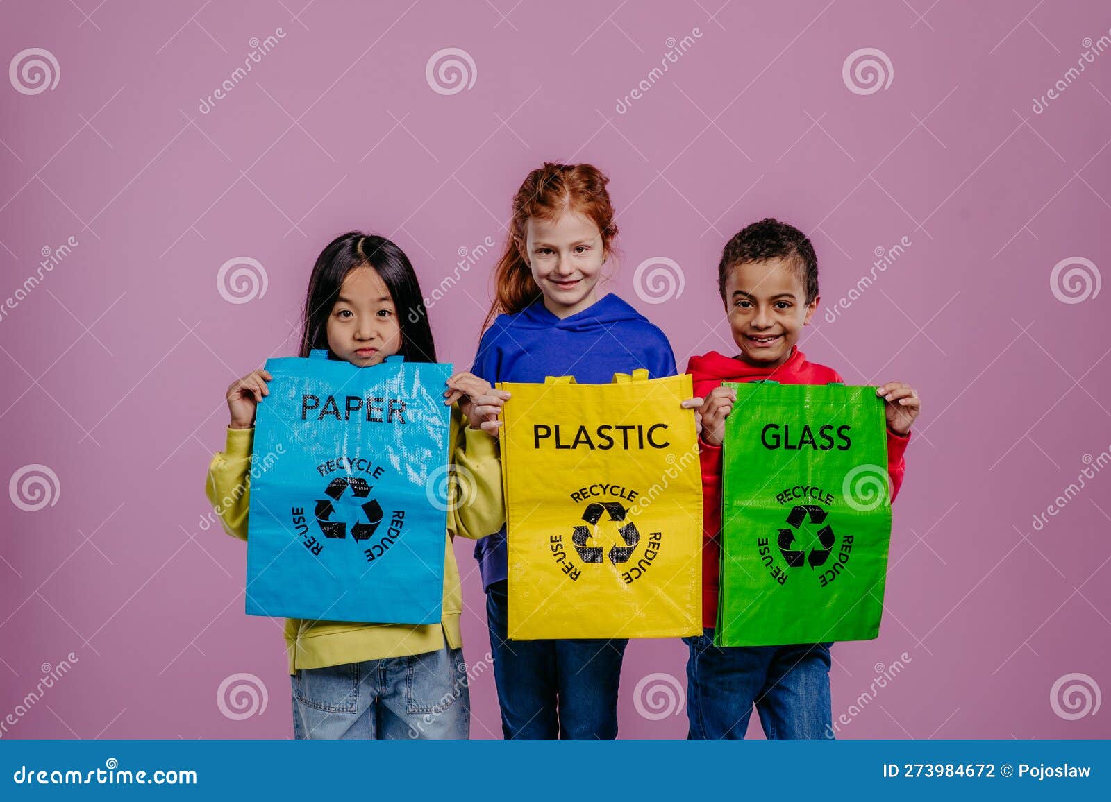 Portrait of Three Children Posing with Bins for Separated Waste. Stock ...