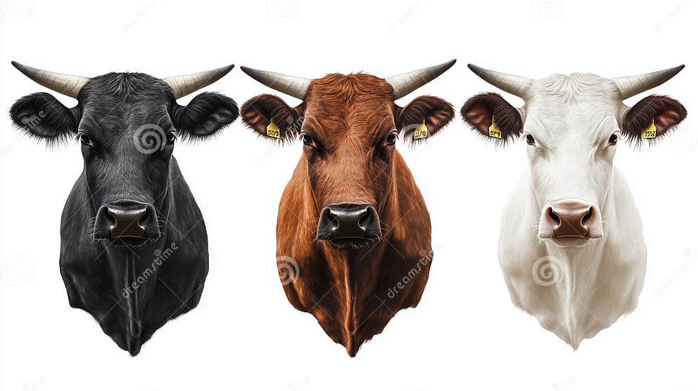 Portrait of Three Cows Facing Forward with a White Background Stock ...