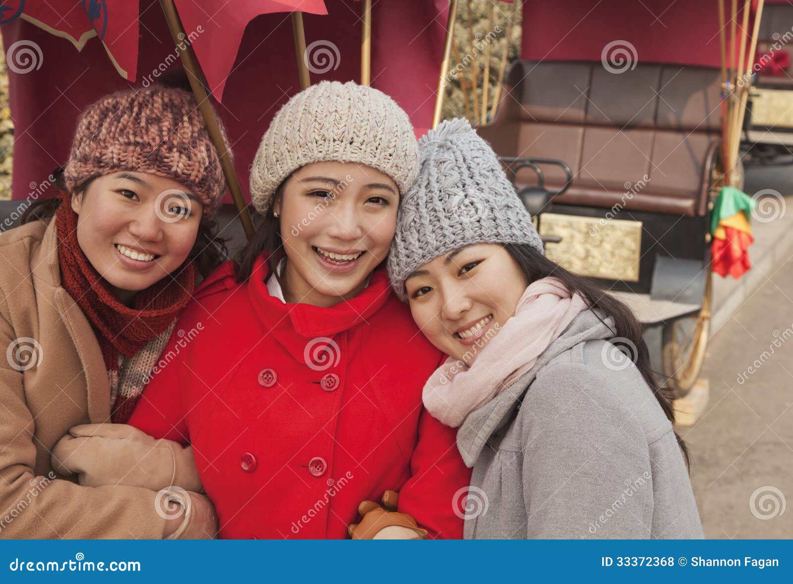Portrait of Three Friends Outdoors in Winter, Beijing Stock Photo ...