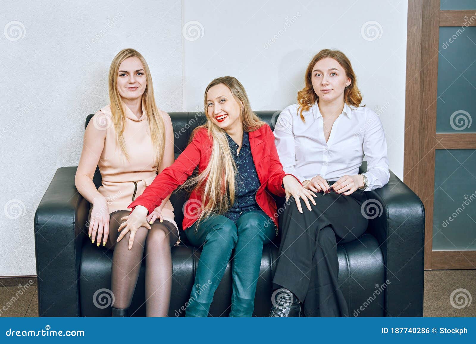 Portrait of Three Happy Happy Girls in Office Stock Photo - Image of ...