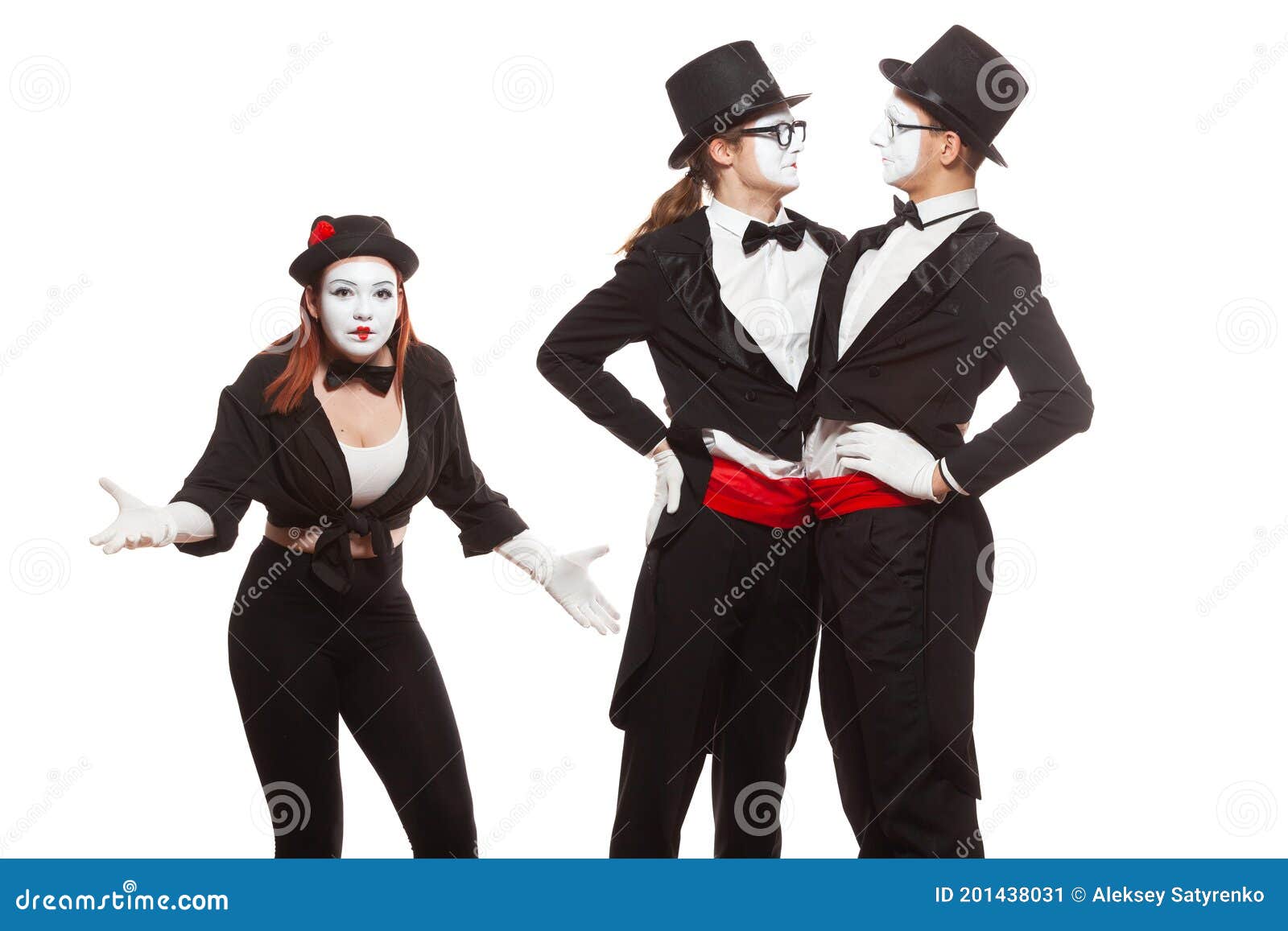 Portrait of Three Mime Artists Performing, Isolated on White Background ...