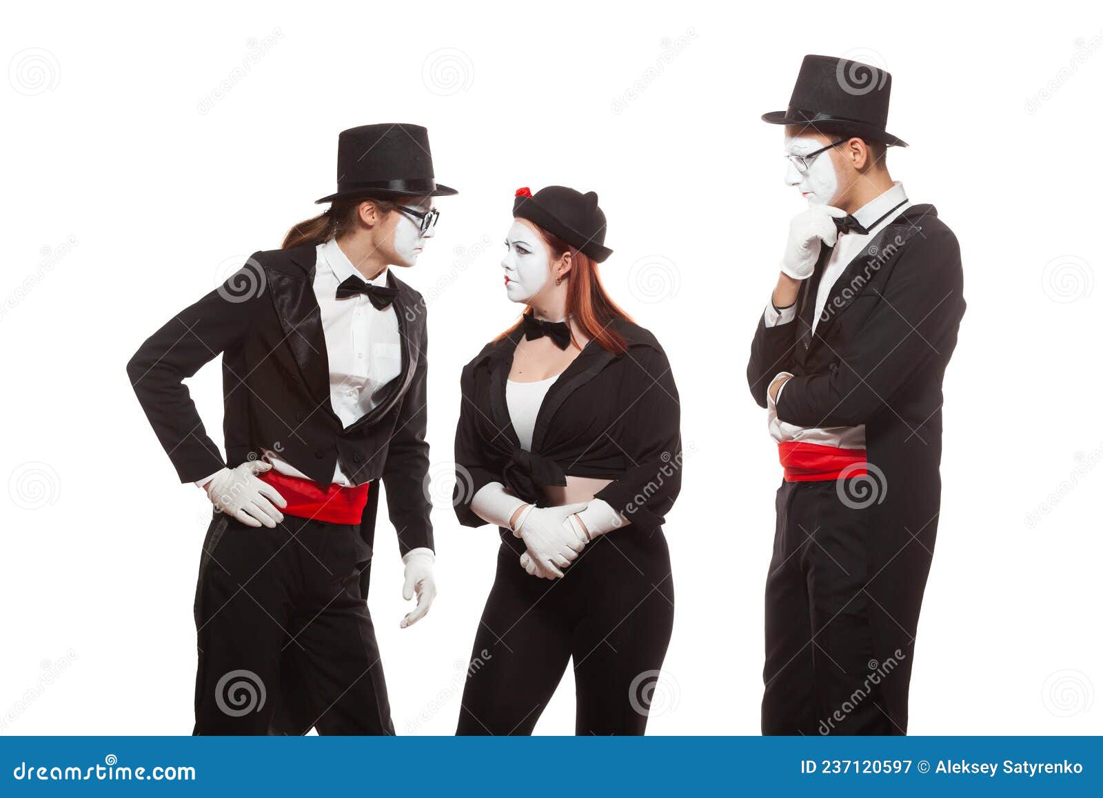 Portrait of Three Mime Artists Performing, Isolated on White Background ...