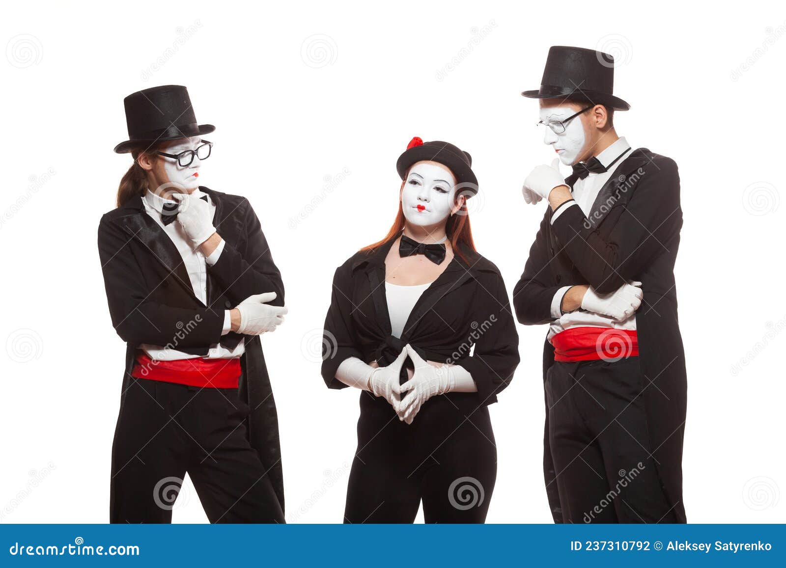 Portrait of Three Mime Artists Performing, Isolated on White Background ...