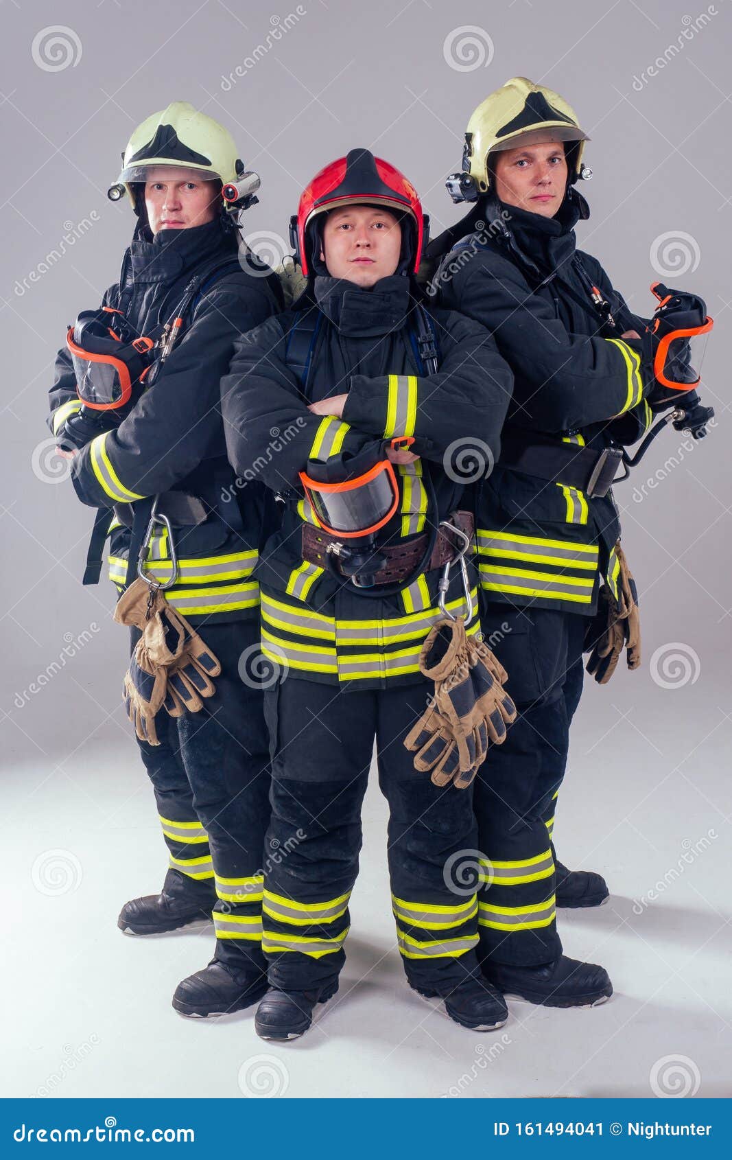 Portrait Three Strong Fireman Men in Fireproof Uniform White Background ...