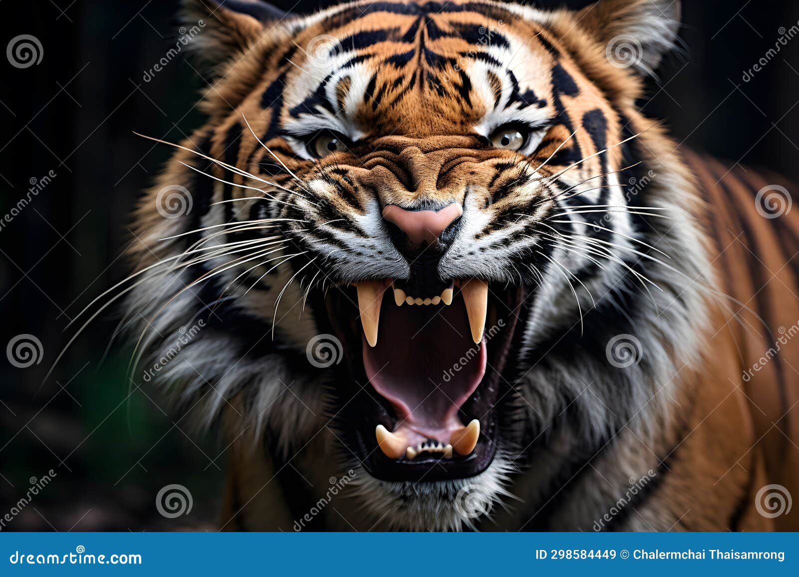 A Closeup Of A Roaring Sabertooth Tiger In The Dark Stock Illustration ...