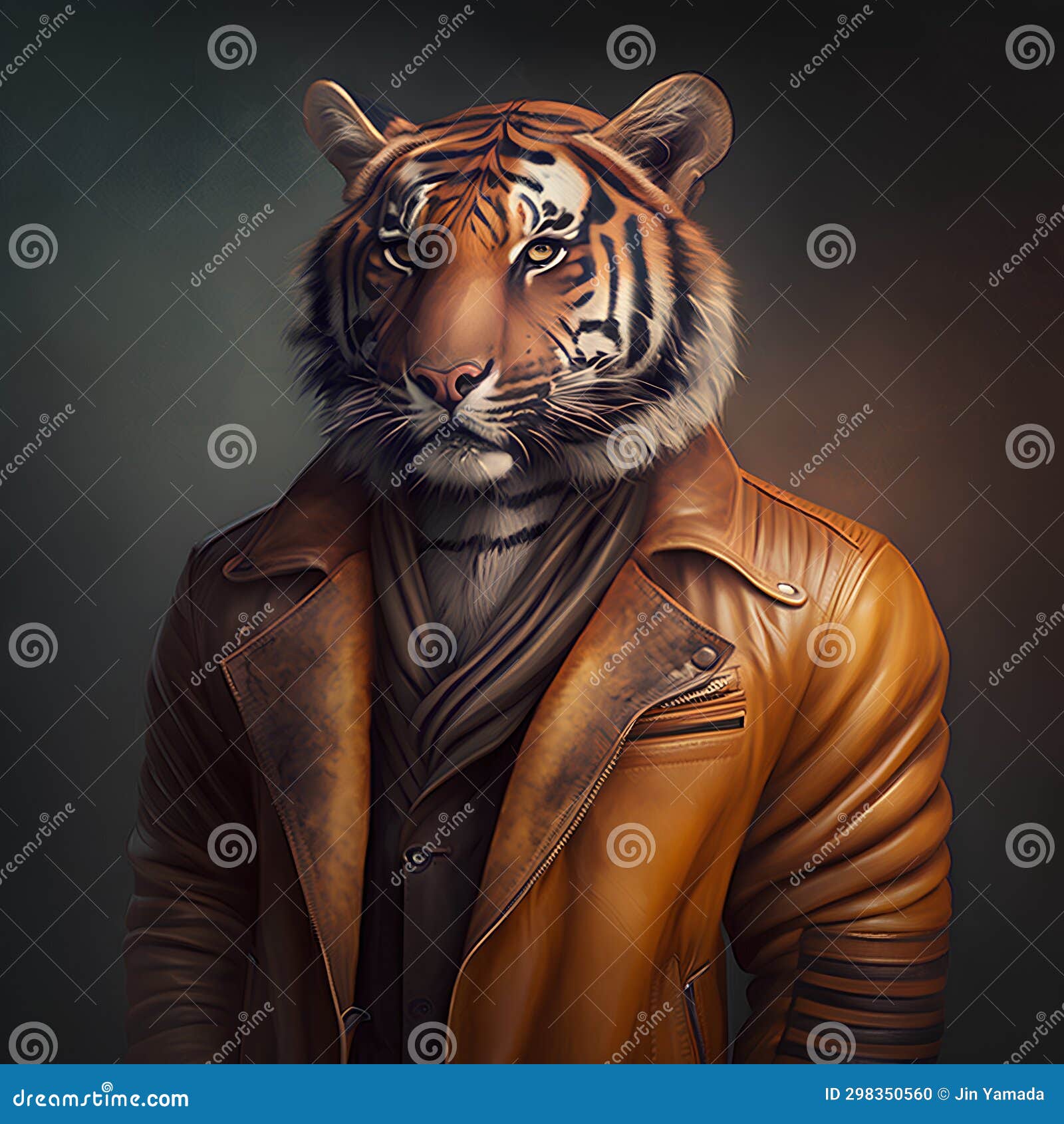 Portrait of a Tiger in a Leather Jacket on a Dark Background. Stock Illustration - Illustration ...