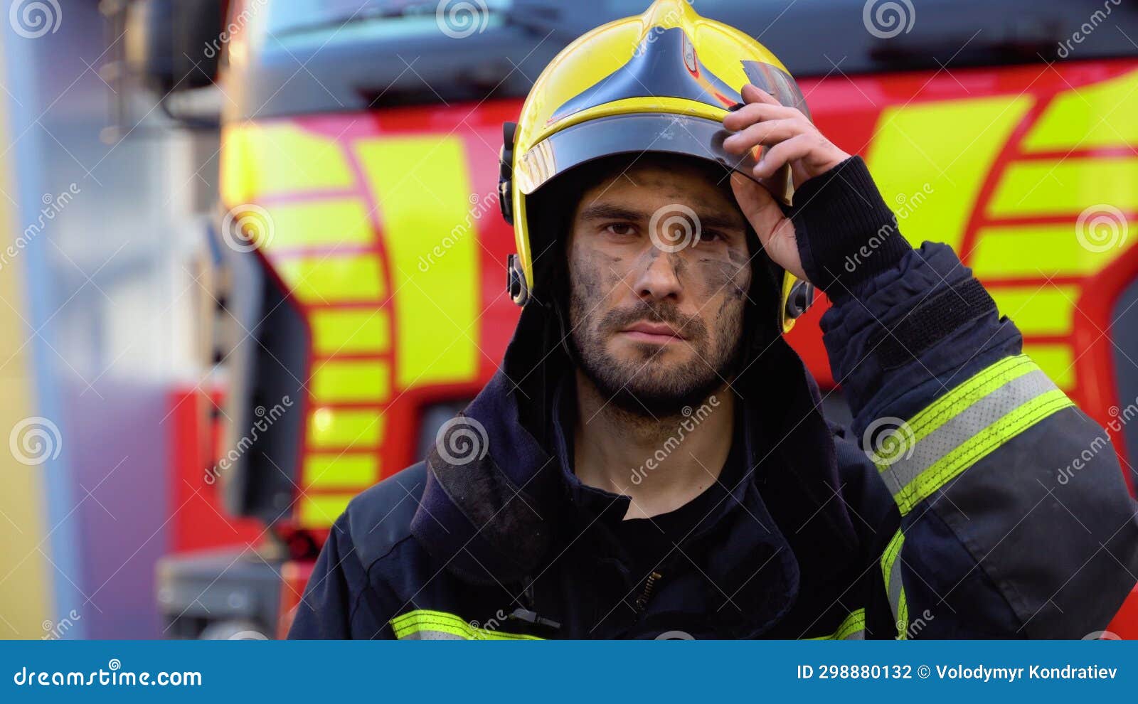 Portrait of Tired Fireman in Protective Helmet Near Fire Engine Stock ...