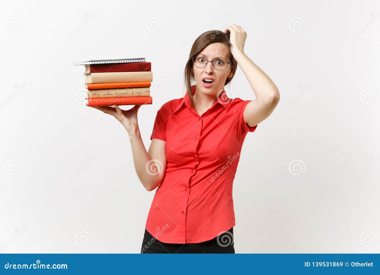 Portrait Of Tired Frustrated Upset Business Teacher Woman In Red Shirt