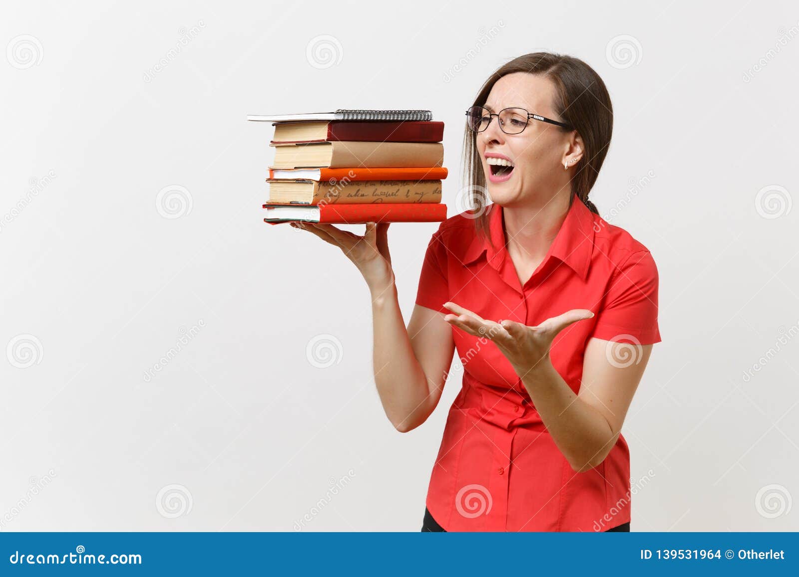 Portrait Of Tired Frustrated Upset Business Teacher Woman In Red Shirt