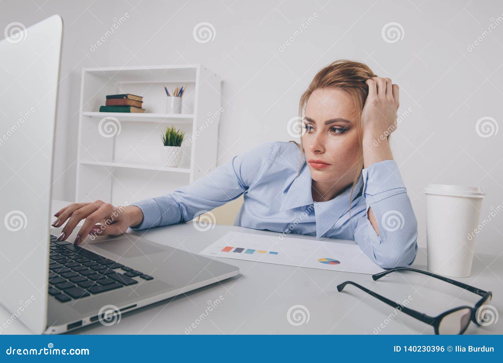 Portrait of Tired Office Woman Working by Computer. Laptop Problem ...