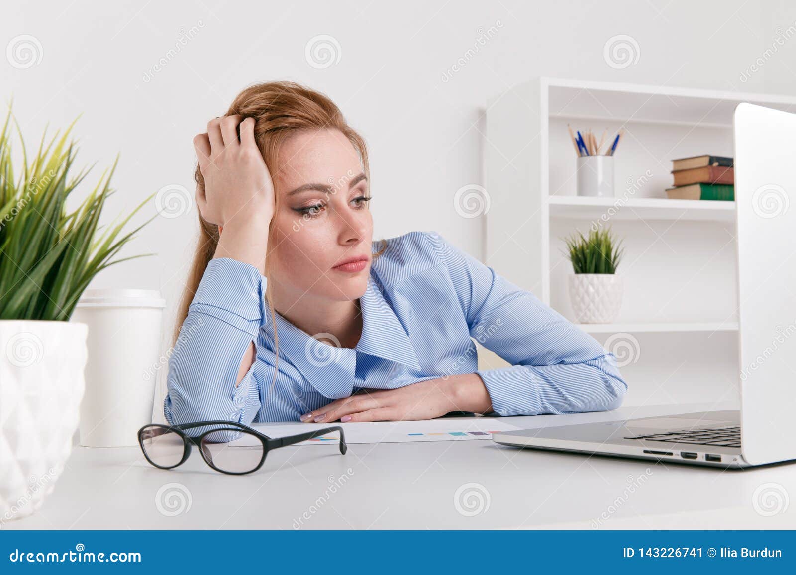 Portrait of Tired Office Woman Working by Computer. Laptop Problem ...