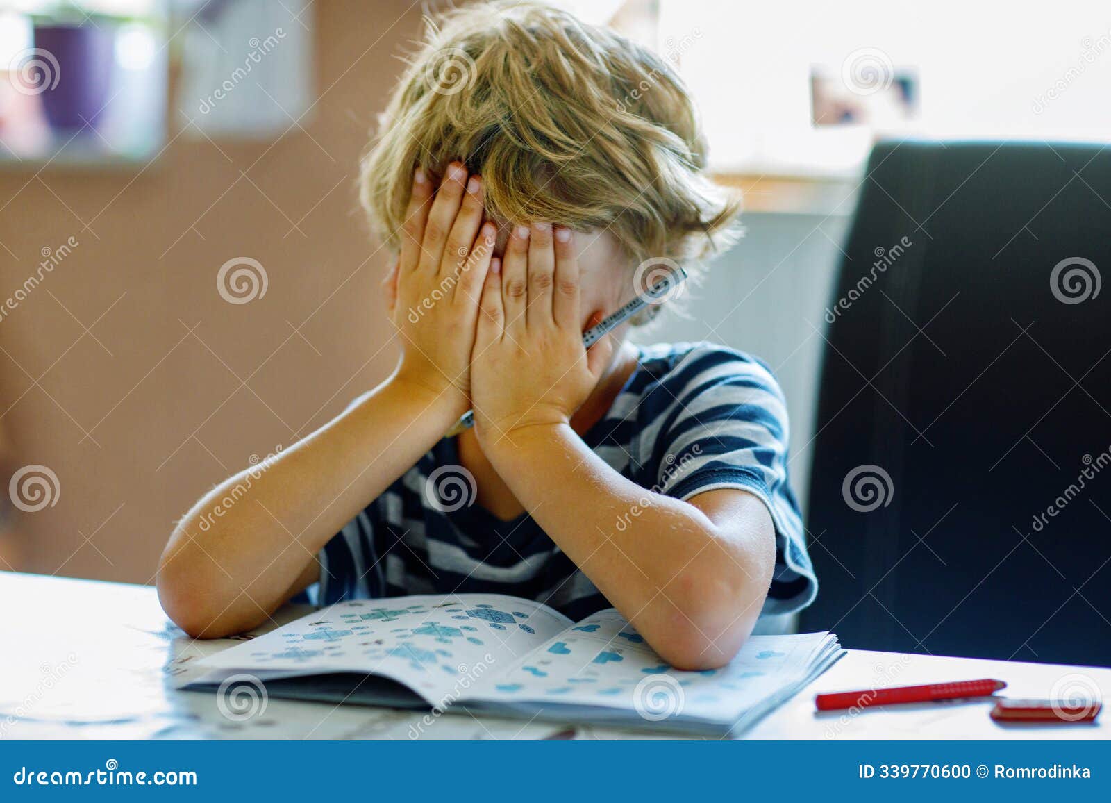 Portrait of Tired Upset Boy Doing Homework in Kitchen at Home ...