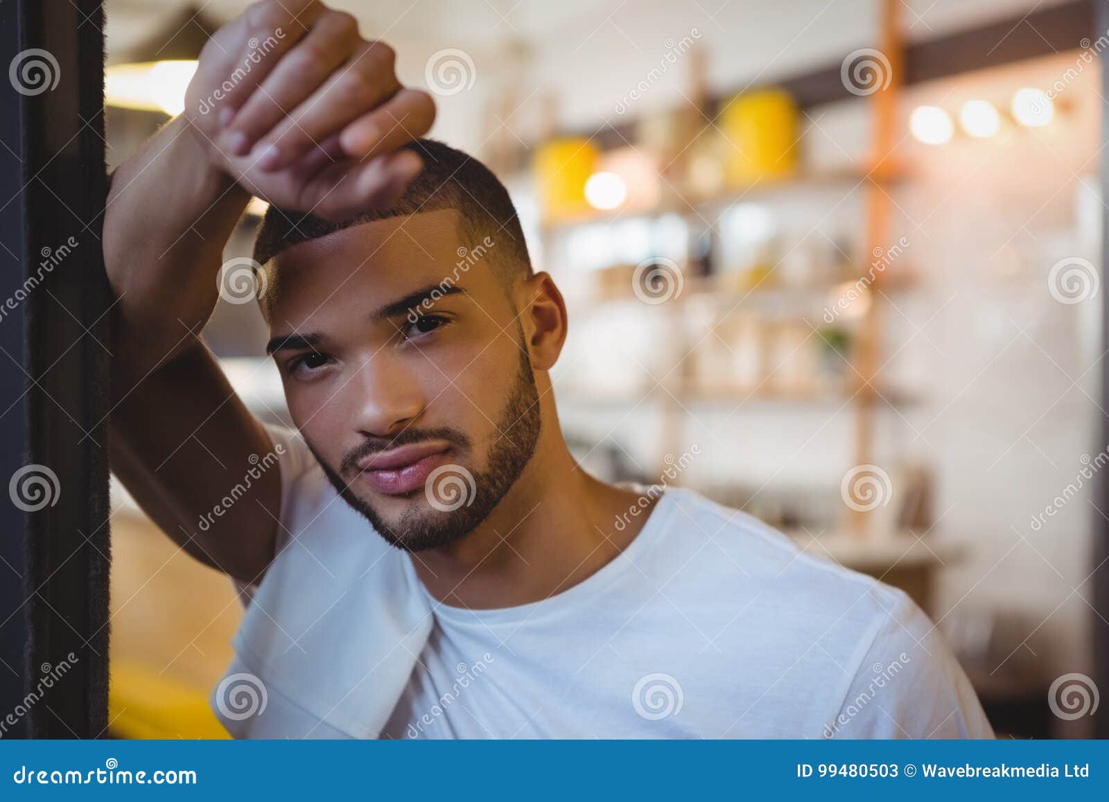 Portrait of Tired Waiter in Cafe Stock Image - Image of coffee, cafe ...