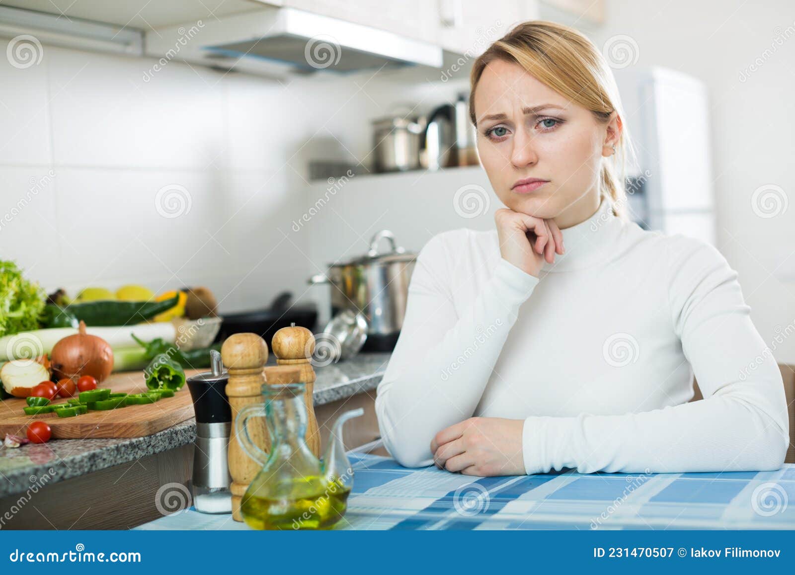 Portrait of Tired Woman at Kitchen Table Stock Image - Image of ...