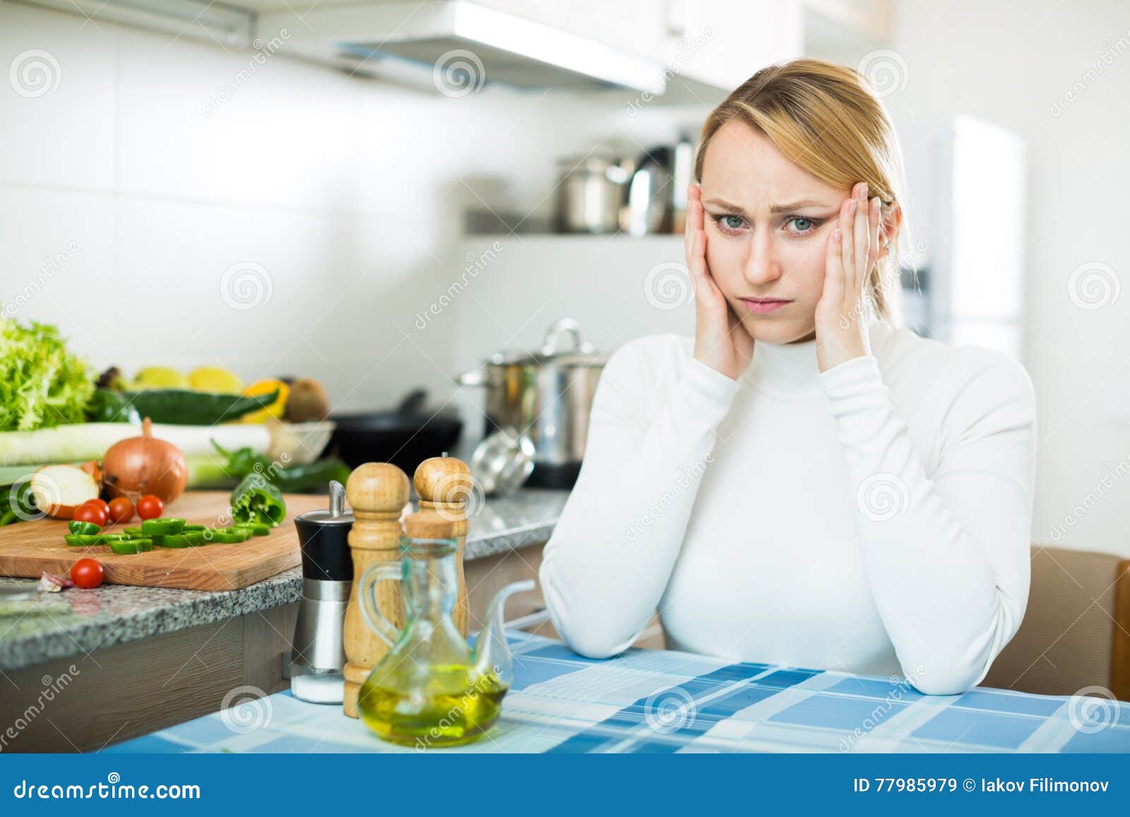 Portrait of Tired Woman at Kitchen Table Stock Image - Image of ...