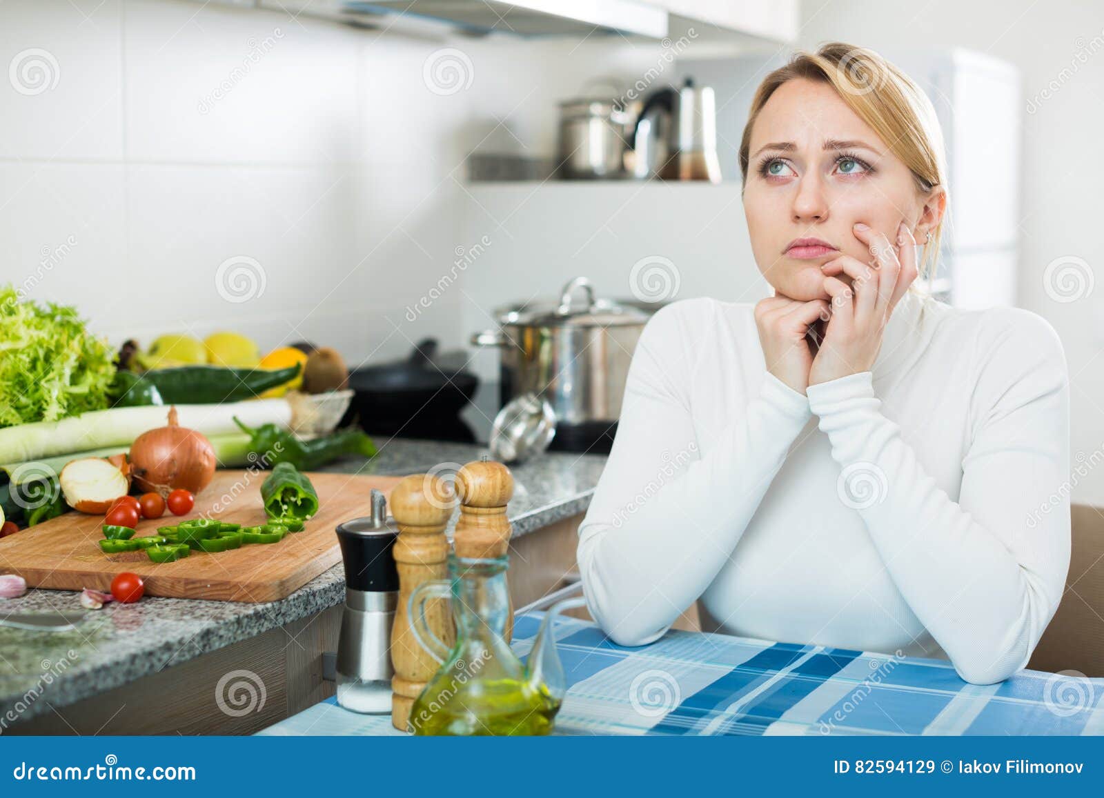 Portrait of Tired Woman at Kitchen Table Stock Image - Image of girl ...