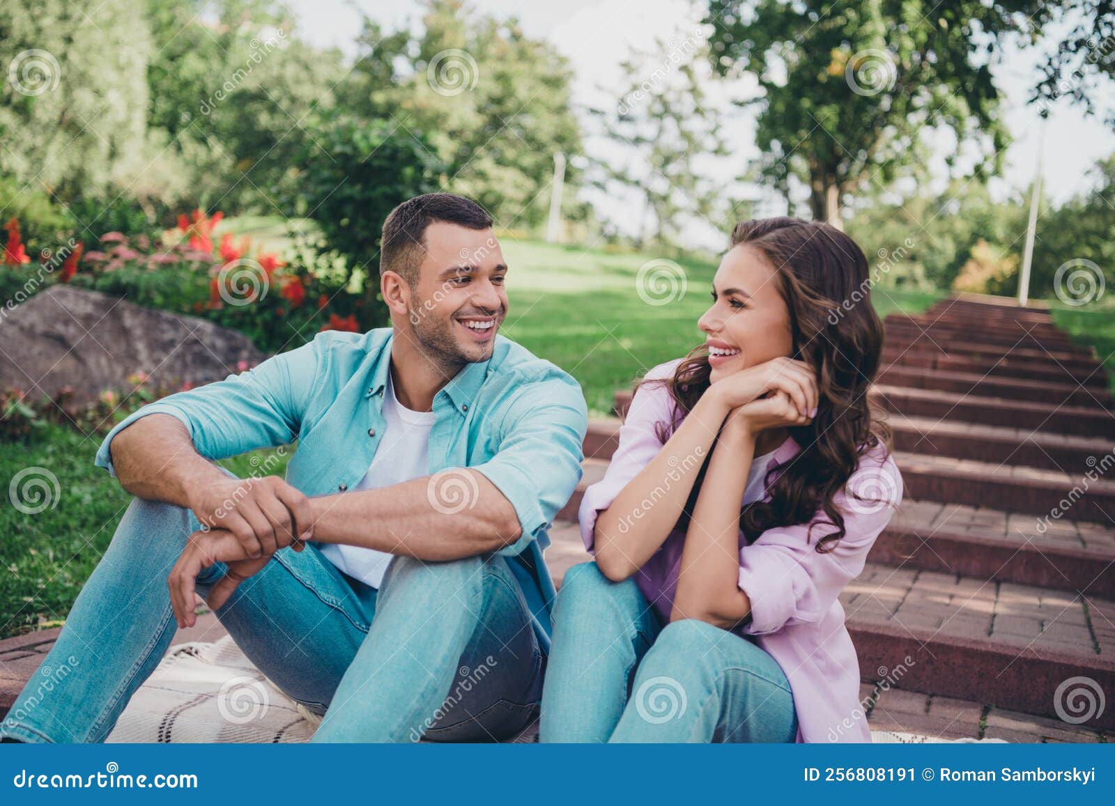 Portrait Of To Lovely Idyllic Partners Sitting Stairs Toothy Smile Have