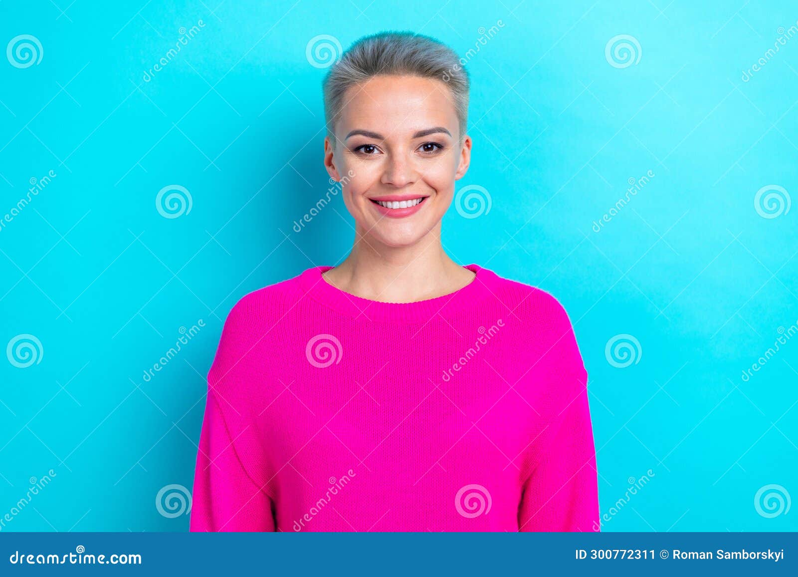 Portrait Of Toothy Beaming Adorable Girl With Dyed Hairdo Wear Knit