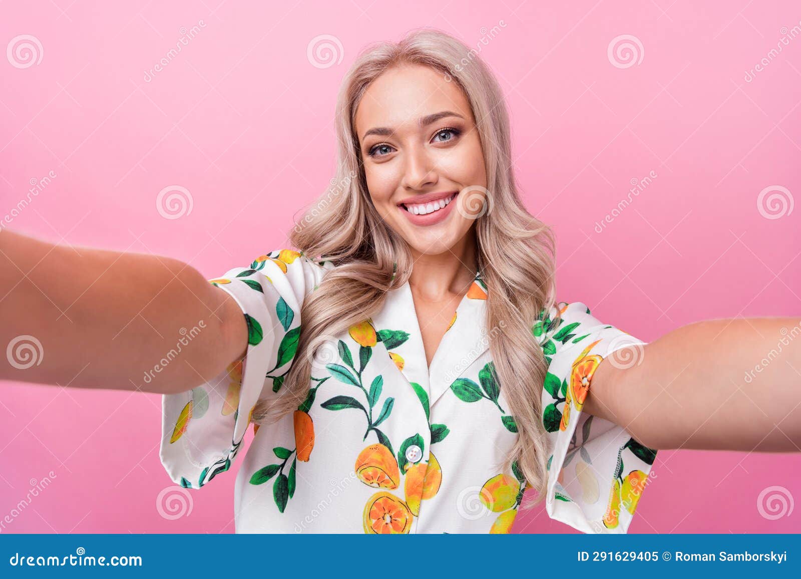 Portrait Of Toothy Beaming Adorable Woman With Wavy Hairstyle Wear