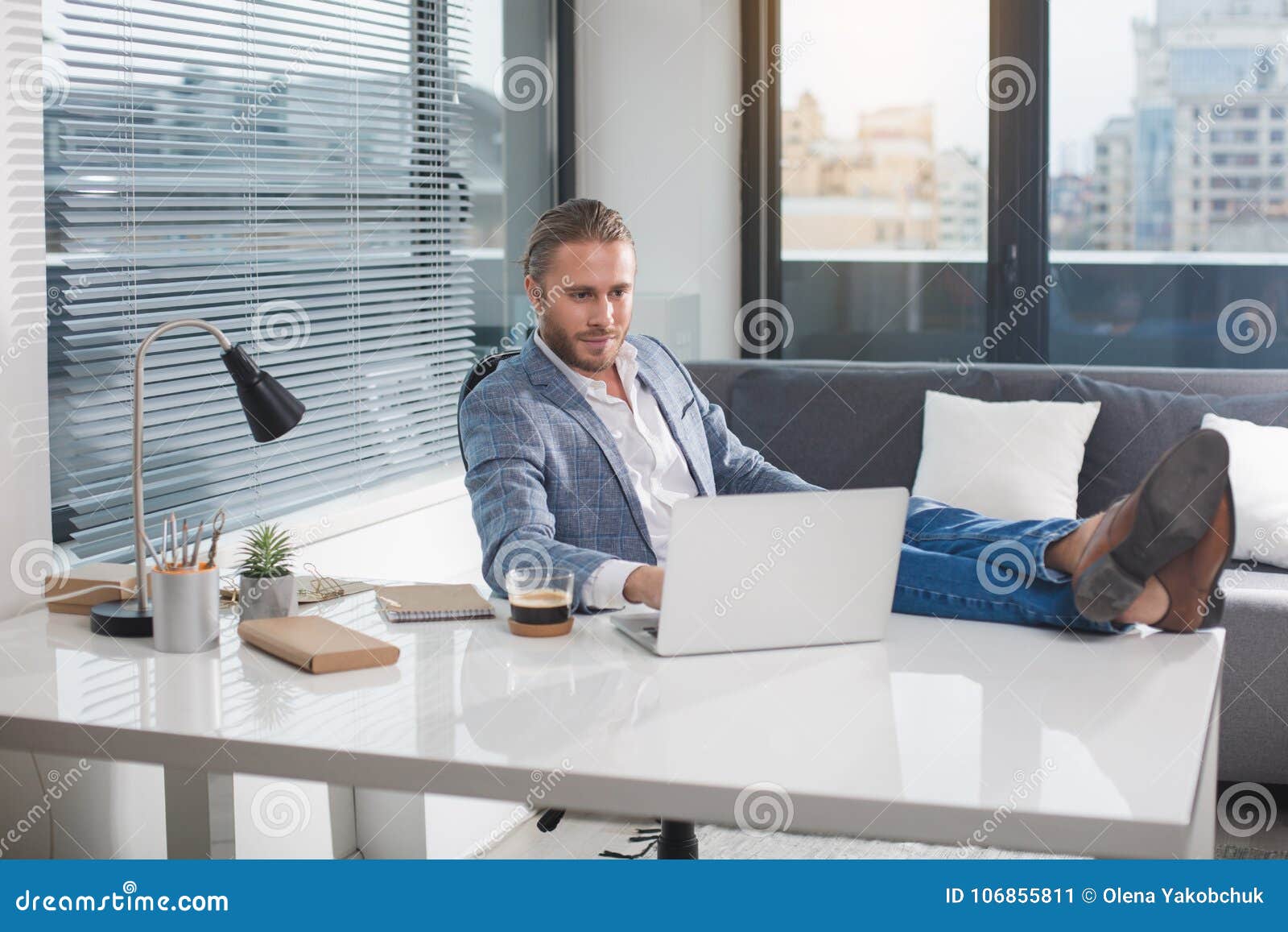 Relaxed Executive Resting with Computer Stock Image - Image of break ...