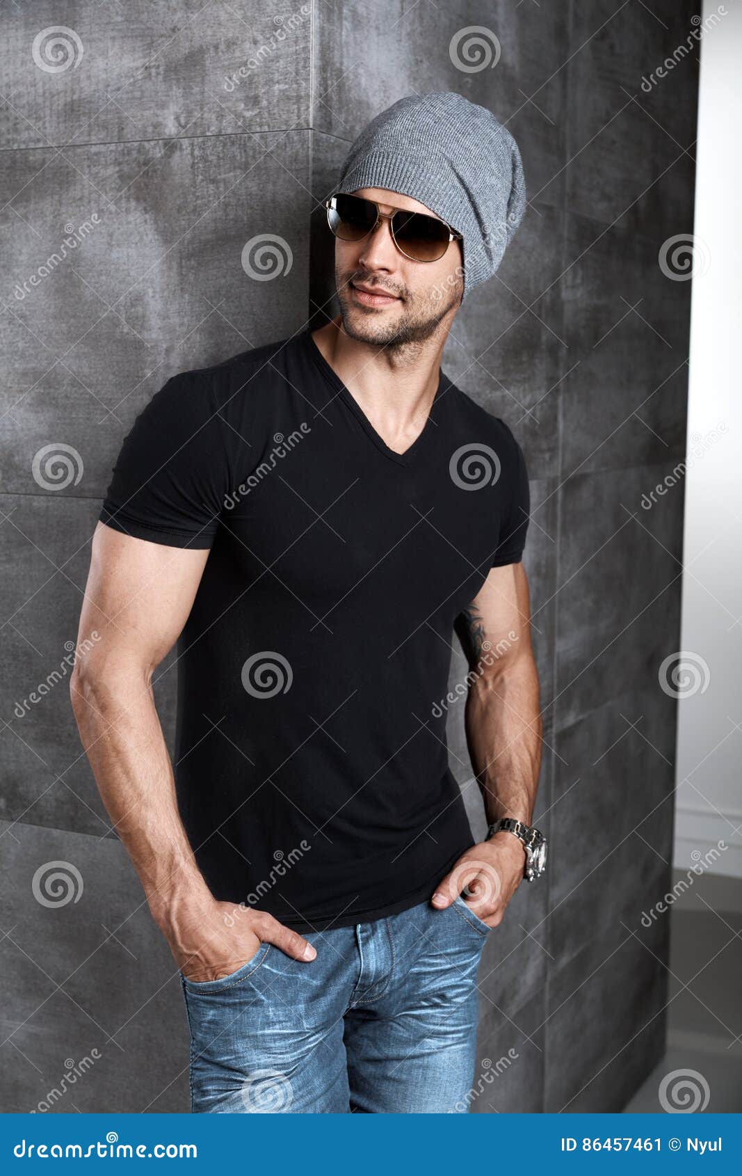 Portrait of Trendy Young Man in Cap and Sunglasses Stock Image - Image ...