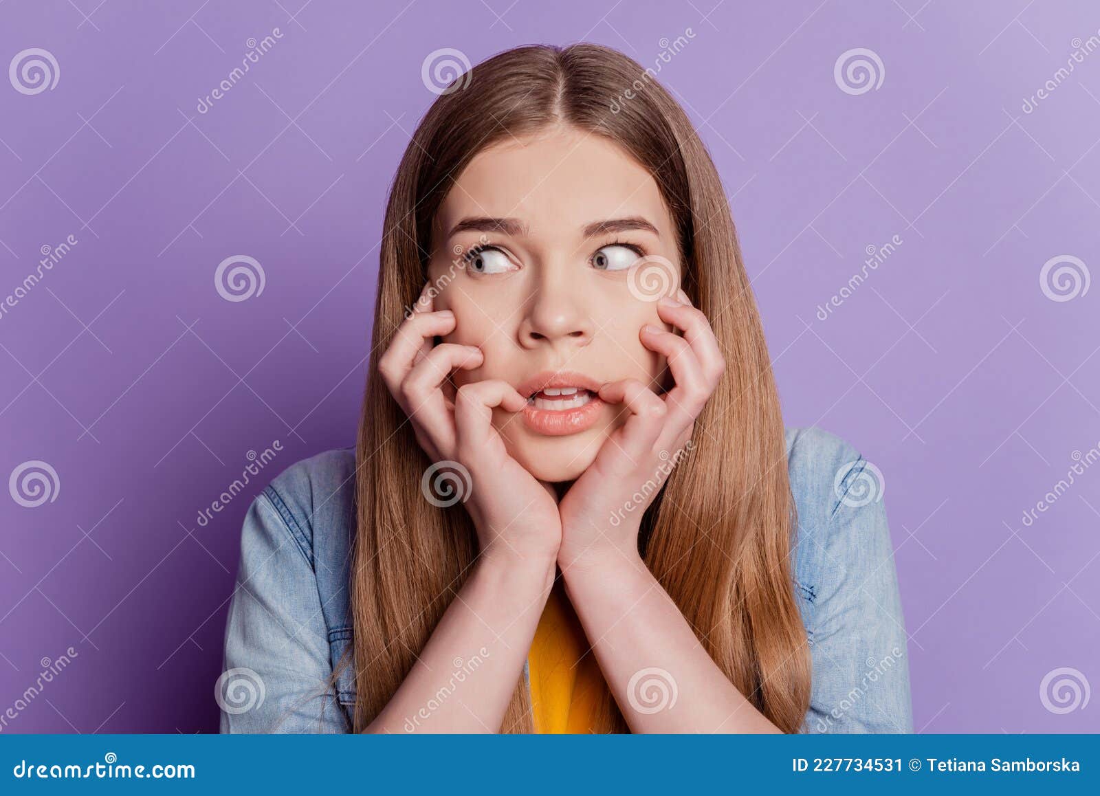 Portrait Of Troubled Nervous Lady Bite Fingers Look Side Empty Space