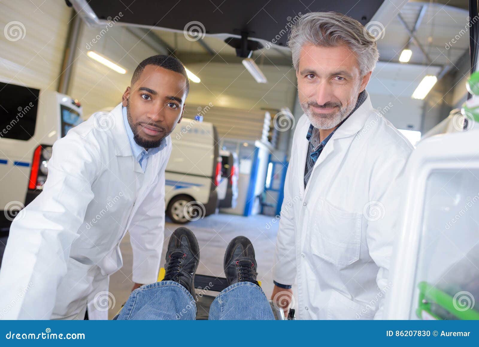 Portrait Two Ambulance Car Workers Stock Photo - Image of uniform ...