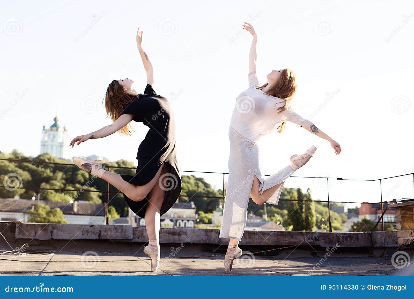 Portrait of Two Ballerinas on the Roof Stock Photo - Image of setting ...