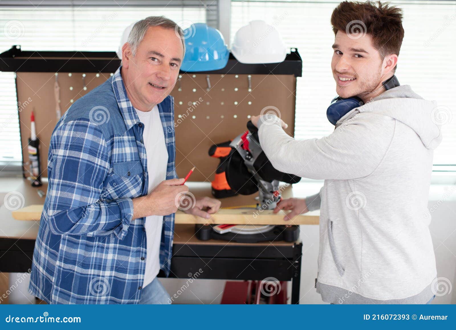 Portrait Two Carpenters Working in Workshop Stock Image - Image of ...