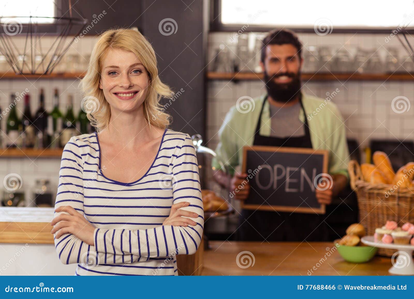 Portrait of Two Casual Waiters Holding a Board Written Open Stock Photo ...