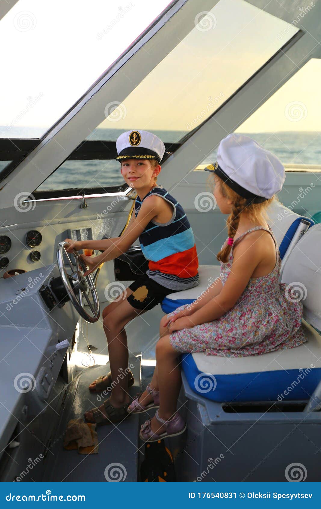 Portrait of Children Driving a Yacht Stock Image - Image of lifestyle ...