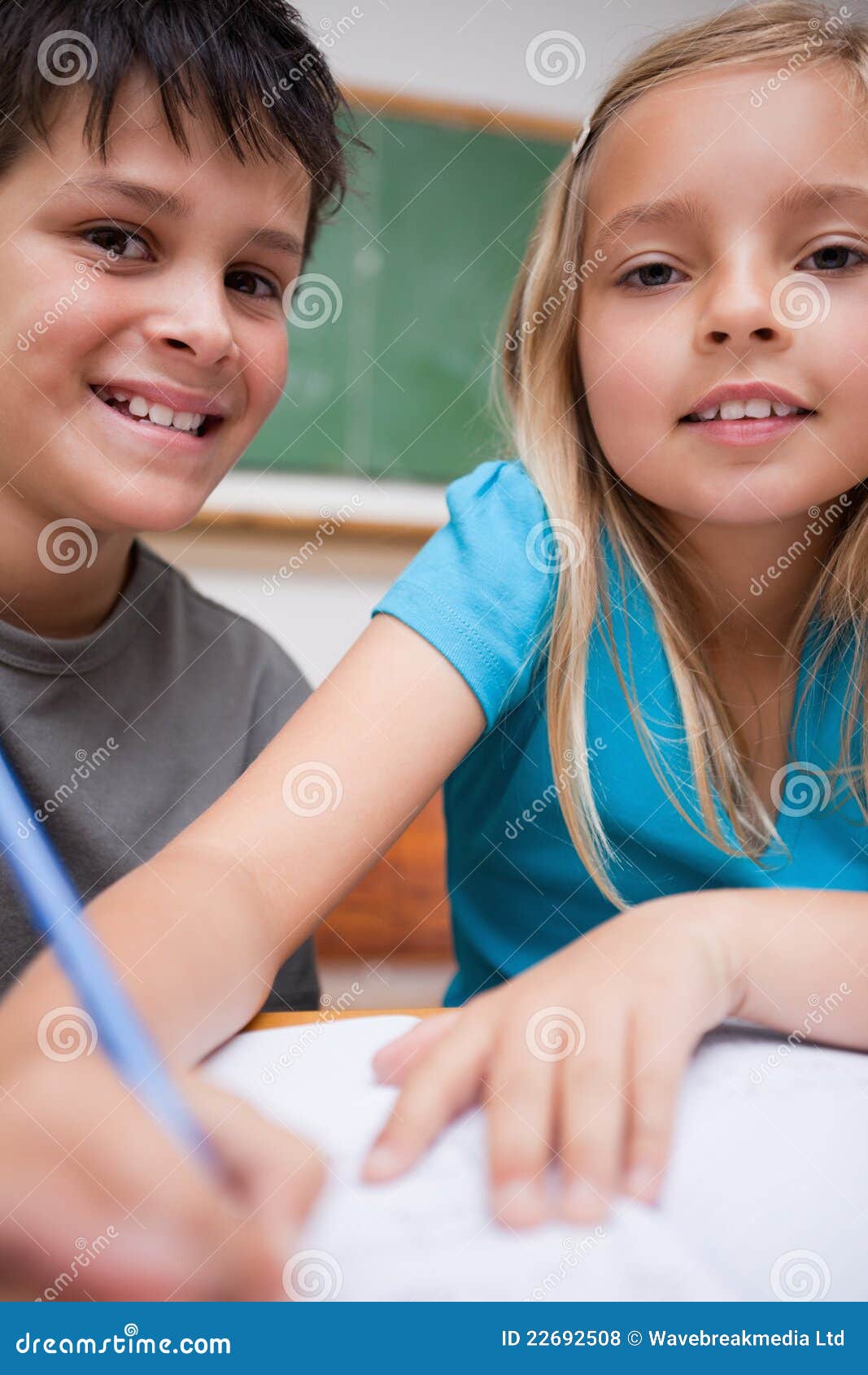 Portrait of Two Children Writing Stock Photo - Image of caucasian ...