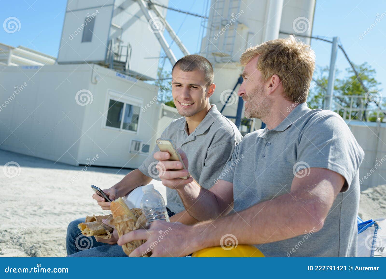Portrait Two Construction Workers Taking Break Outdoors Stock Image ...
