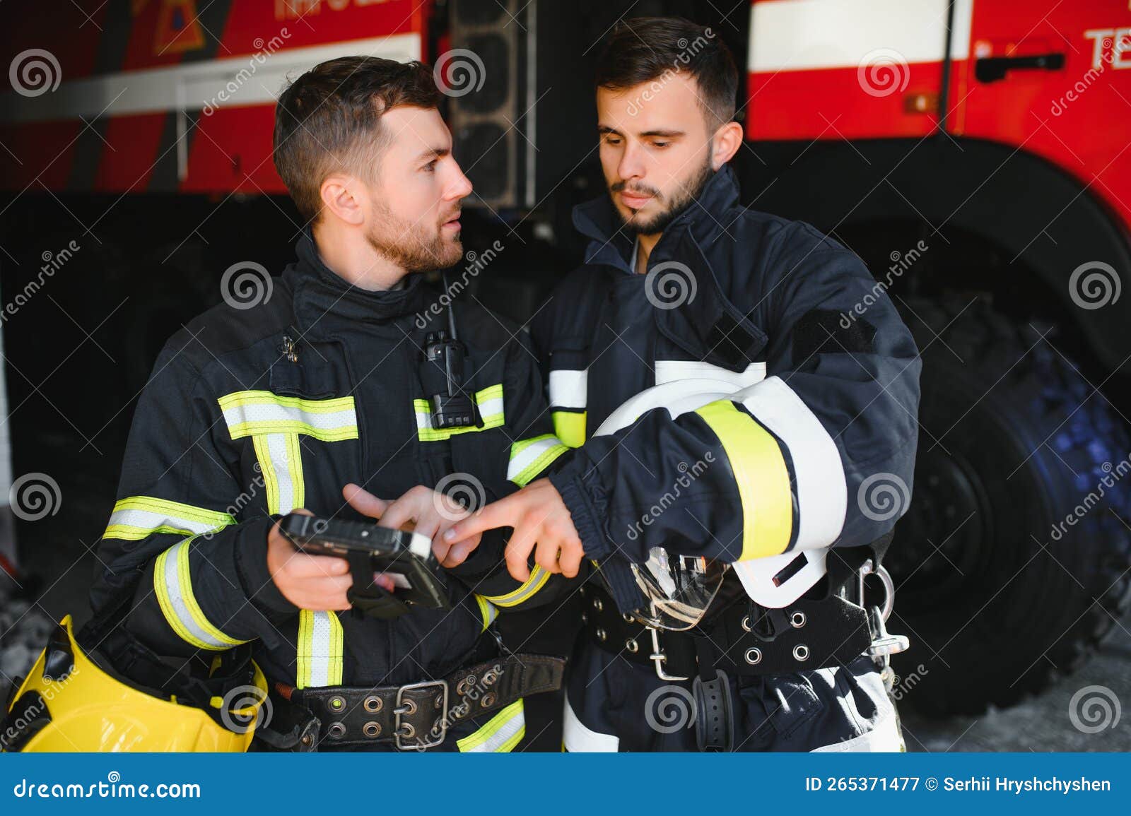 Portrait of Two Firefighters in Fire Fighting Operation, Fireman in ...